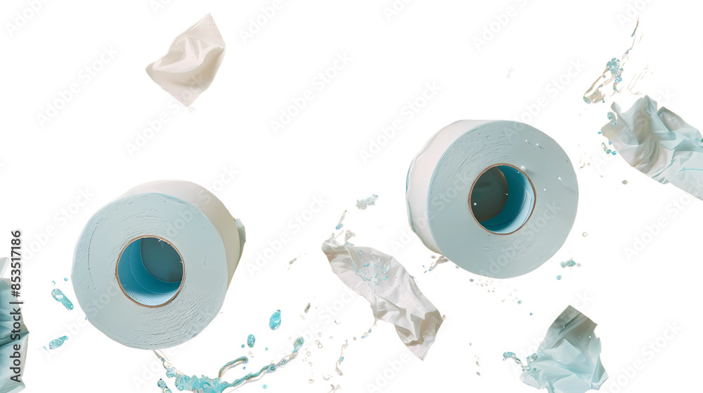 A light blue toilet paper and tissues unfurling is scattered and wet in ...