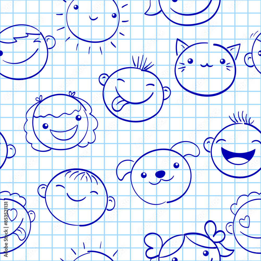 Back to school. Seamless graph paper pattern with hand drawn sketches ...
