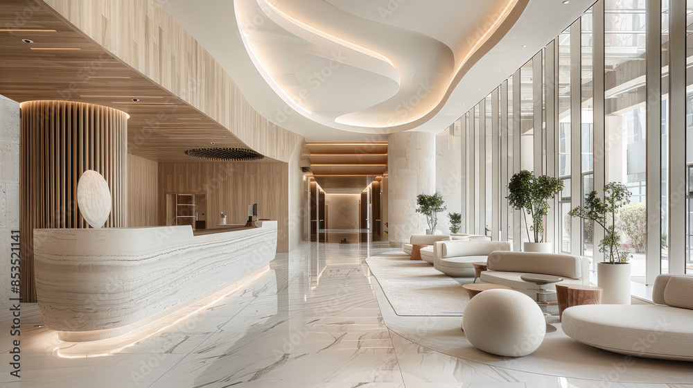 A contemporary organic hotel lobby, sculptural white oak concierge desk ...