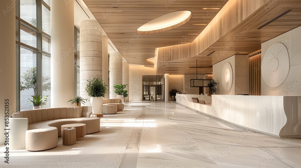 A contemporary organic hotel lobby, sculptural white oak concierge desk ...