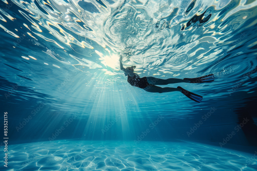 Scuba diver underwater, surrounded by blue water with sunlight ...