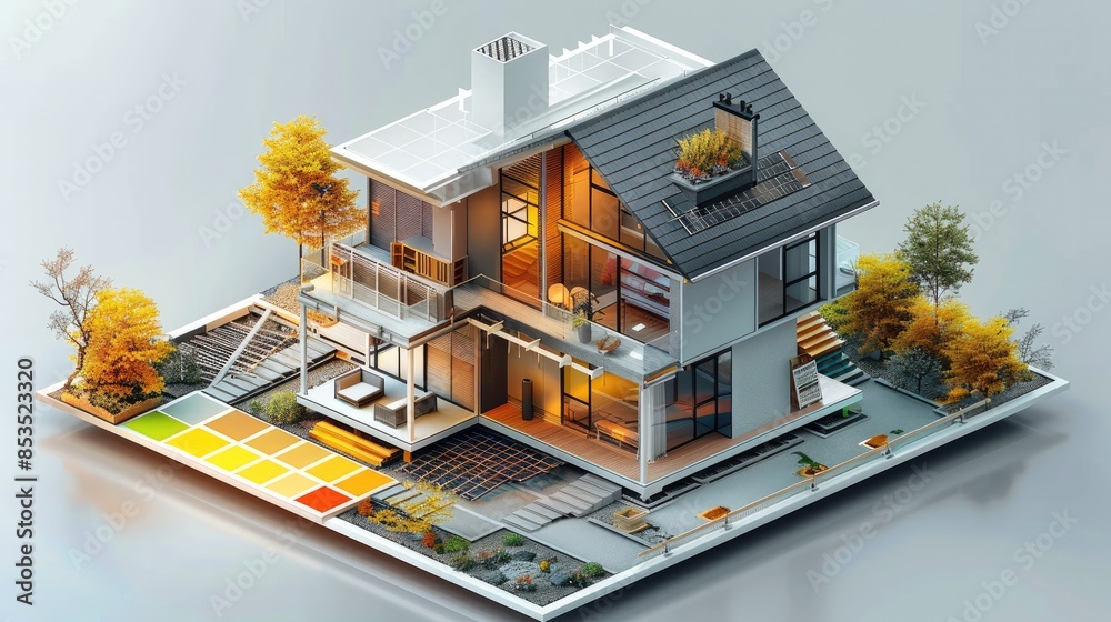 3D rendering of an architectural design software interface with color ...