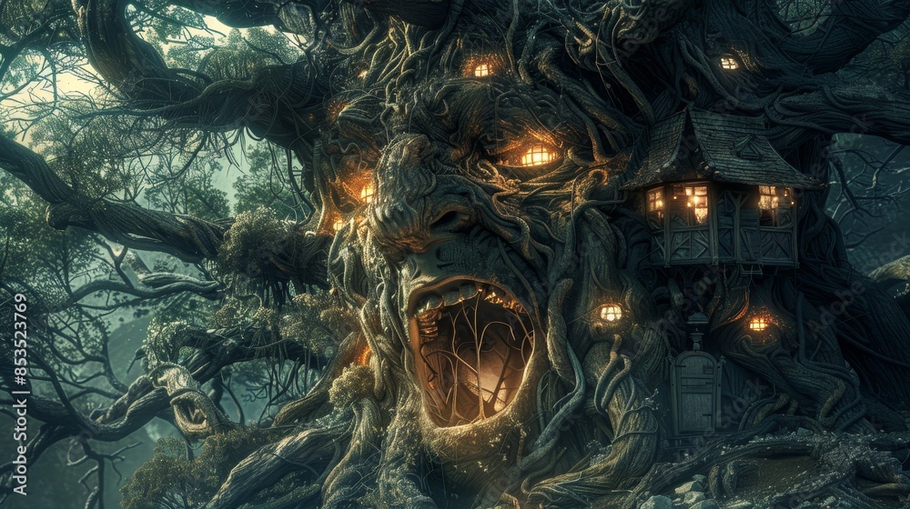 Giant magical tree with a face, mouth open, fantastical and surreal ...