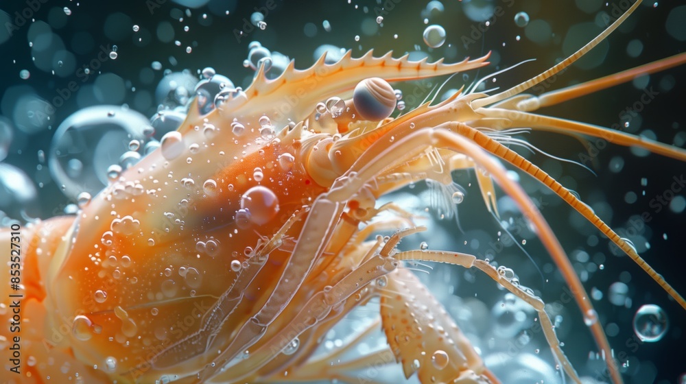Close-Up of a Fresh Shrimp Underwater with Bubbles, Detailed Macro ...