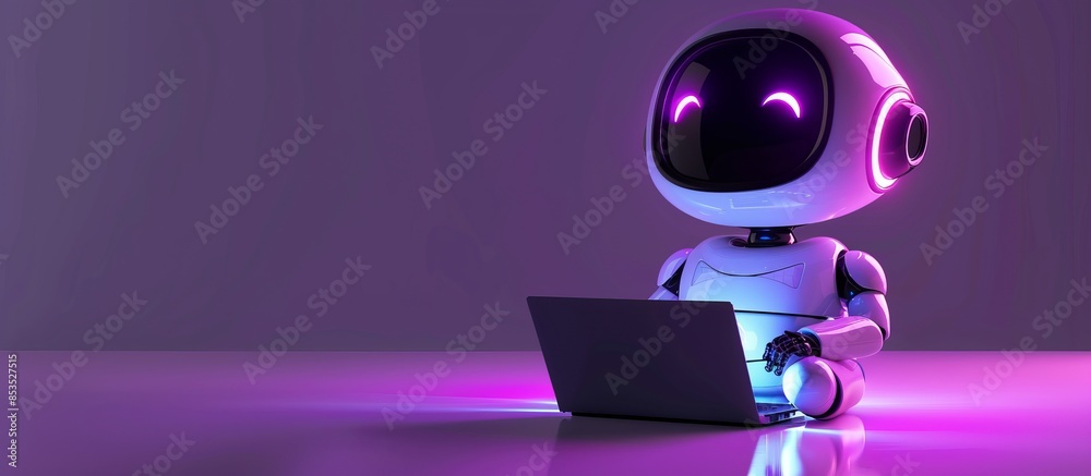 Cute friendly artificial intelligence robot using laptop computer with ...