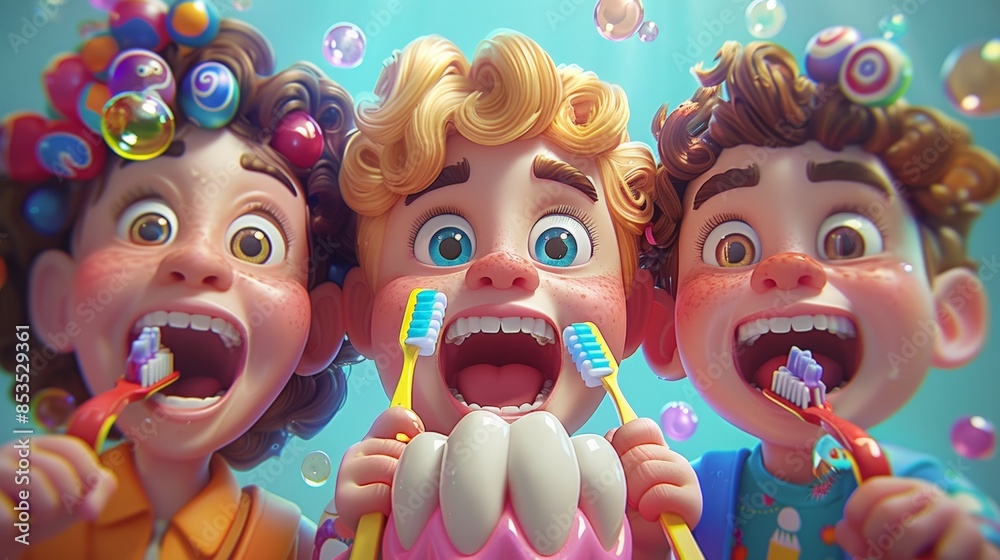 Three cartoon children with wide-open mouths brushing oversized teeth ...