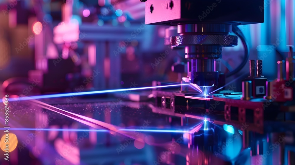 Glowing laser beam in a high tech futuristic environment with modern ...