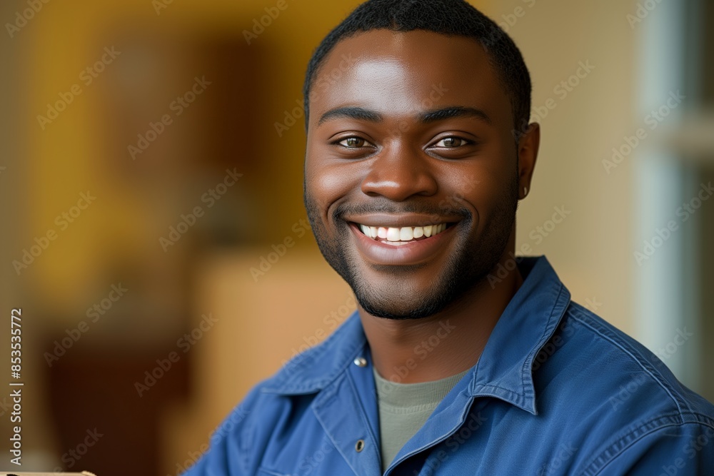 A man with a blue shirt and a beard is smiling. He has a big smile on ...