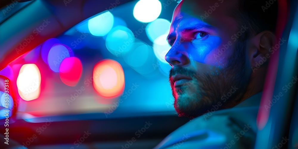 Traffic violations lead to police stopping man in car at night. Concept ...