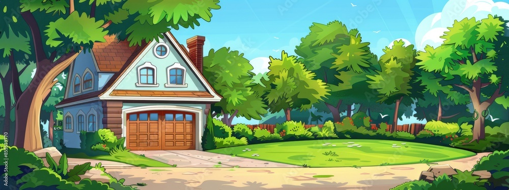 A two-storey country house with a garage and garden with a green lawn ...