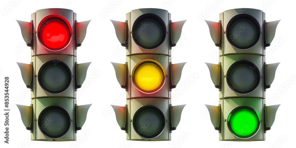 Traffic lights displaying red, yellow, green signals isolated on white ...