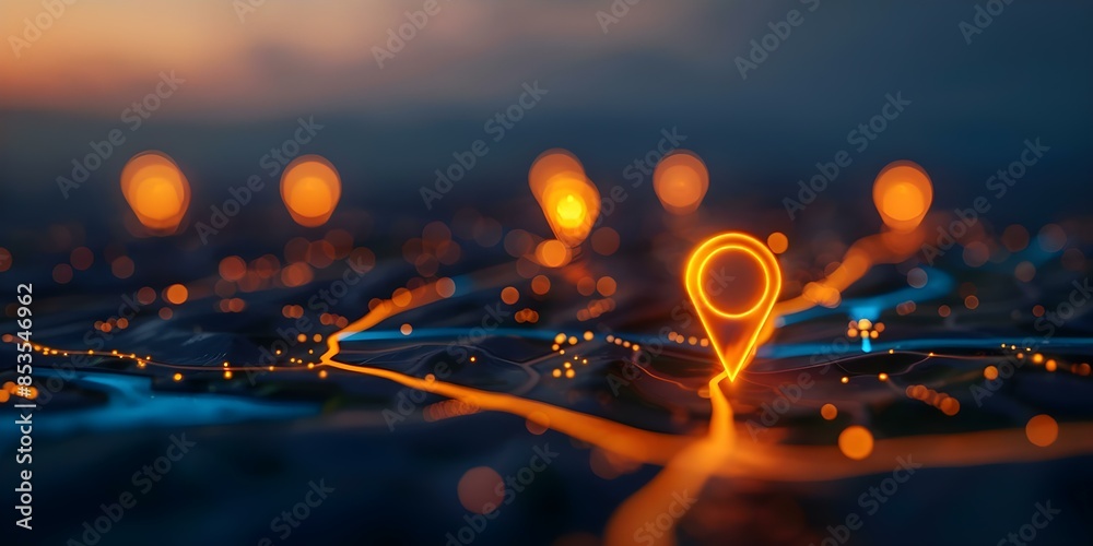 Digital map with glowing location pins and illuminated routes for ...