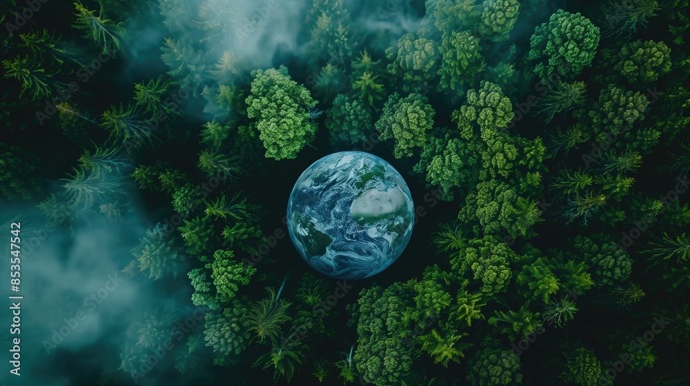 Aerial top view of green forest tree and global globe, Tropical rain ...