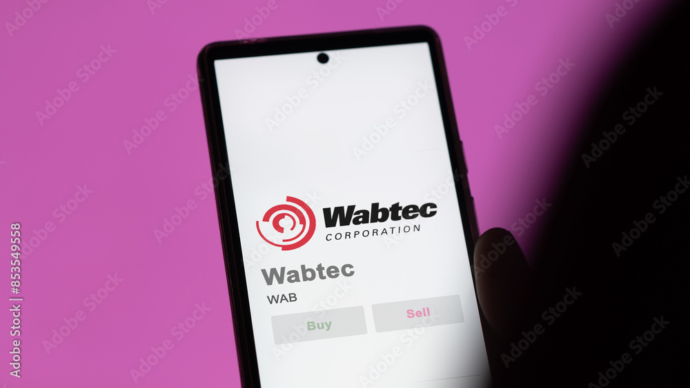 April 09th 2024 , Pittsburgh, Pennsylvania. Close up on logo of Wabtec on the screen of an ...