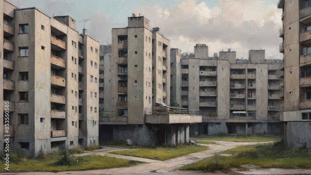 A bold oil painting with dense, layered paint depicting a sprawling ...