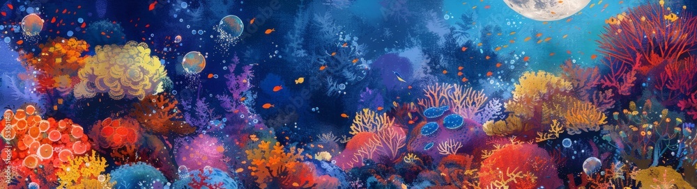 Watercolor painting of a deep sea scenery. An anemone and coral reefs ...