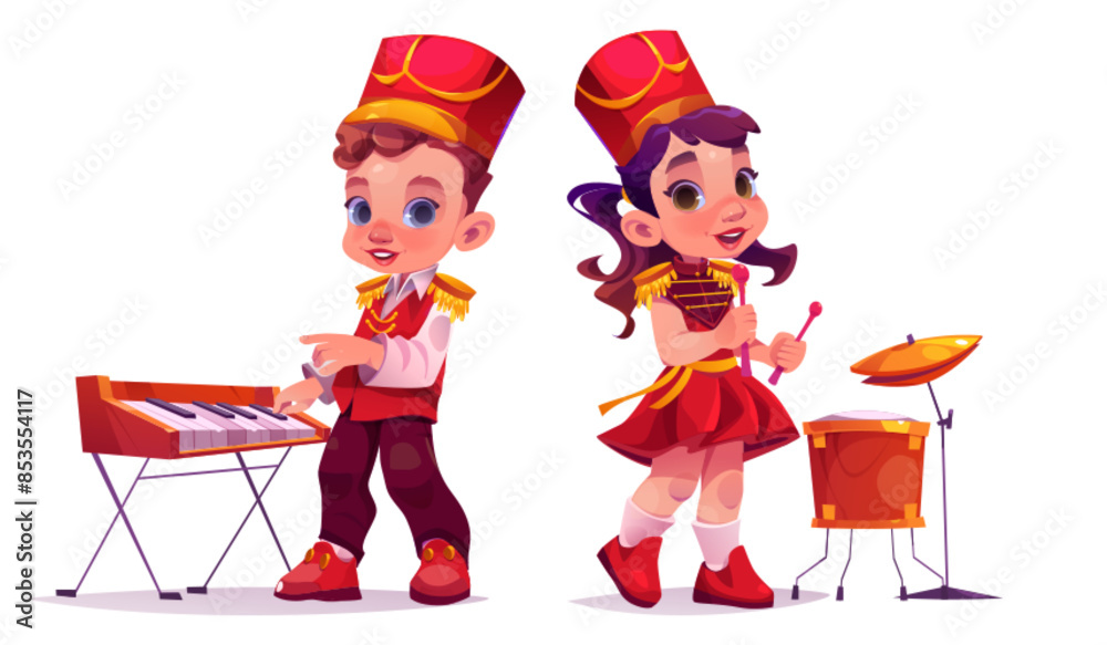 Children in march parade costumes with musical instruments. Cute little ...
