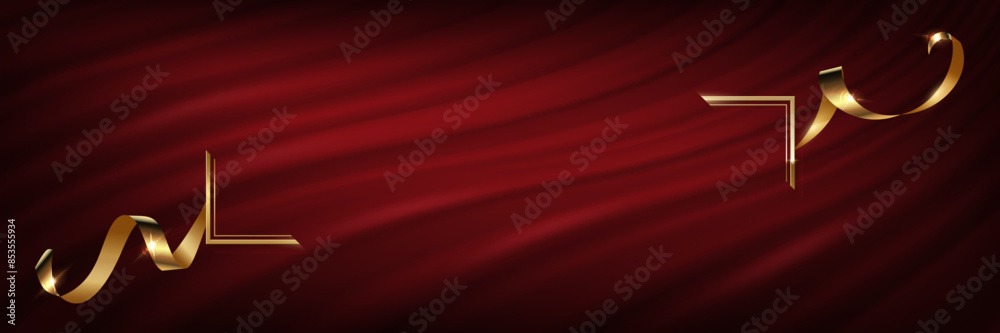 Gold award frame with golden silk ribbon on red curtain vector ...