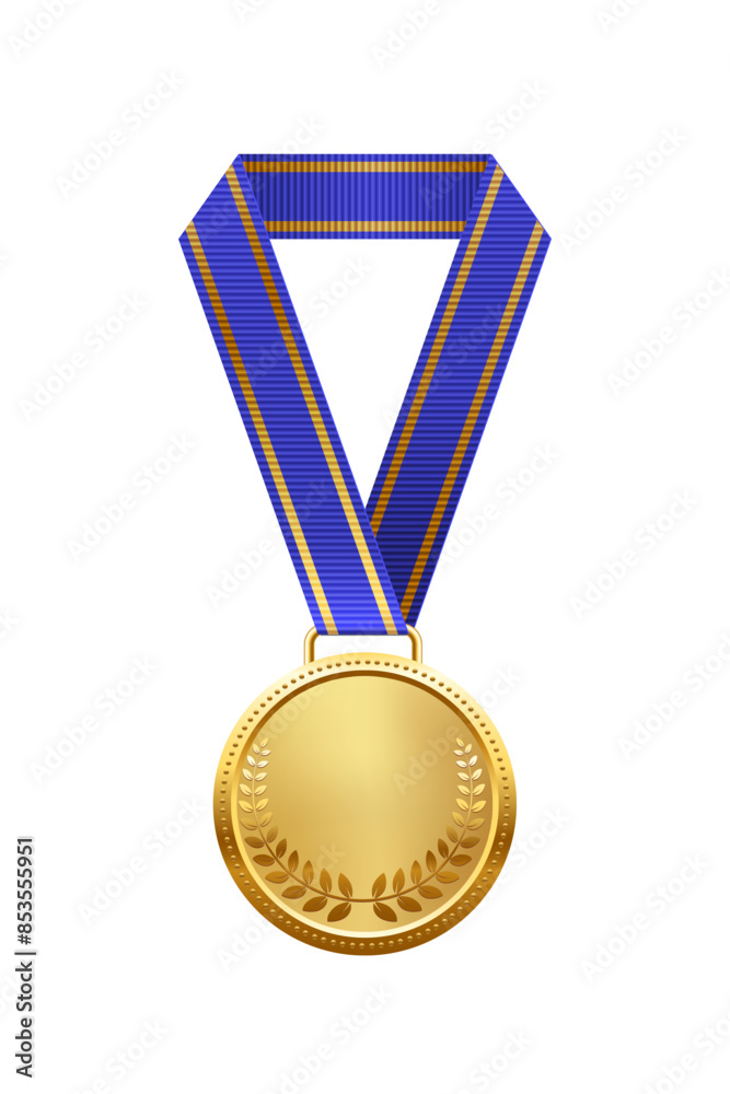 Gold medal with blue ribbon and laurel wreath vector illustration ...