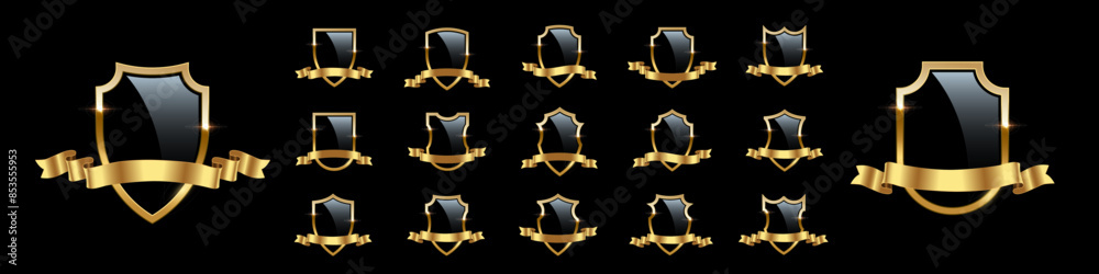 Black shields with golden frame and ribbons vector set for emblem ...