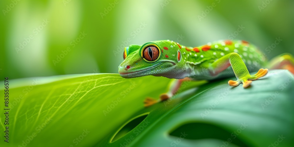 A vibrant green gecko with red spots rests on a large leaf with its ...