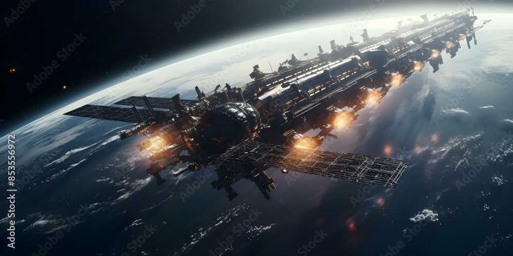 Orbiting space shuttle station connects satellites and spacecrafts in ...