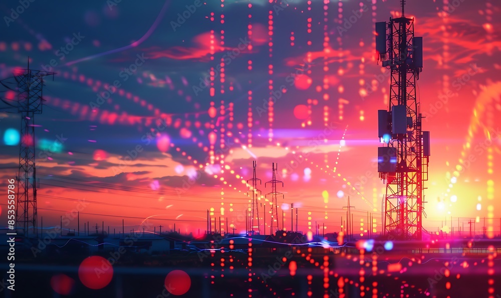 A vibrant scene of a telecommunication tower during a colorful sunset ...