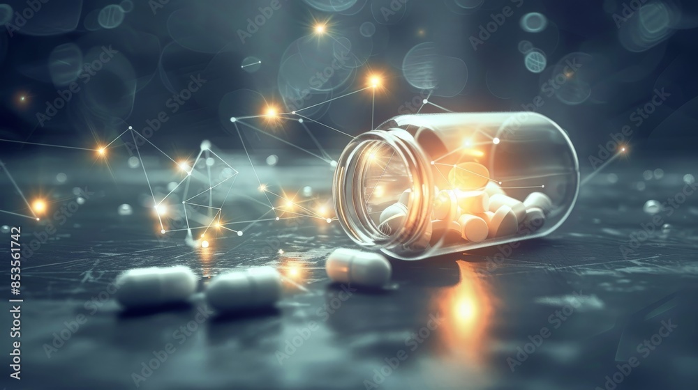 High resolution photograph of an open pill bottle with a glowing light ...