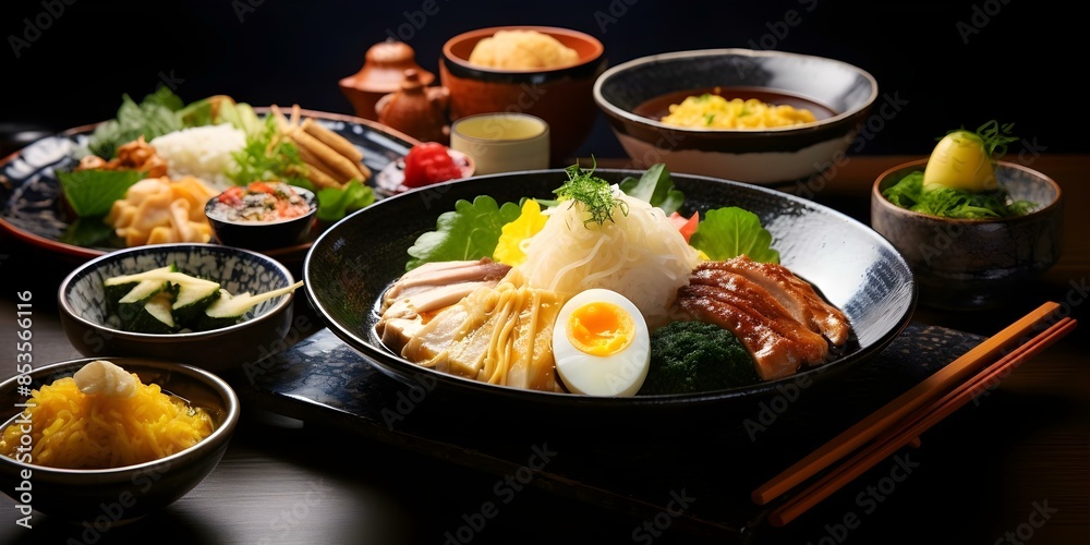 Japanese Cuisine Platter Featuring Onigiri, Ramen, Omelet, Yakisoba ...