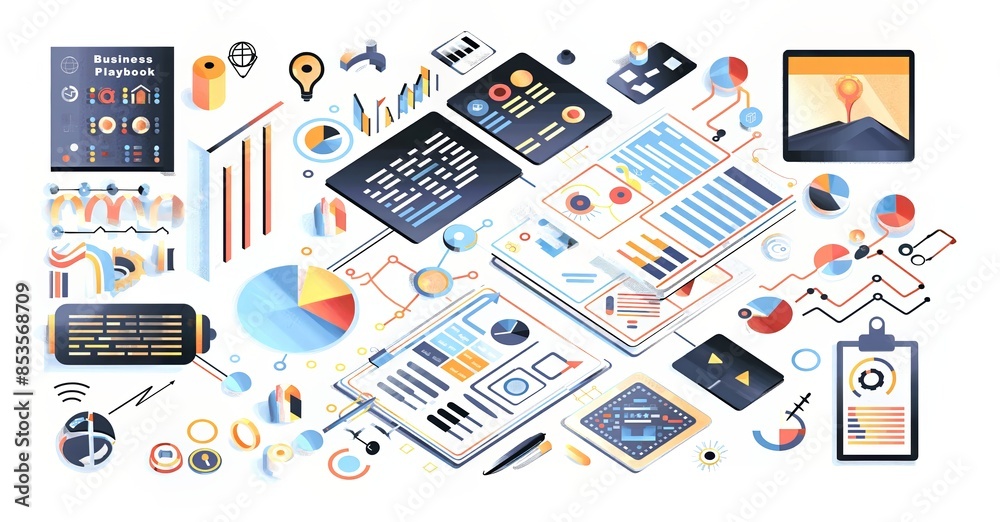 A detailed business playbook illustration showcasing flowcharts ...