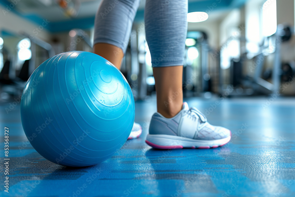 Persons leg and foot are shown using an exercise ball during ...