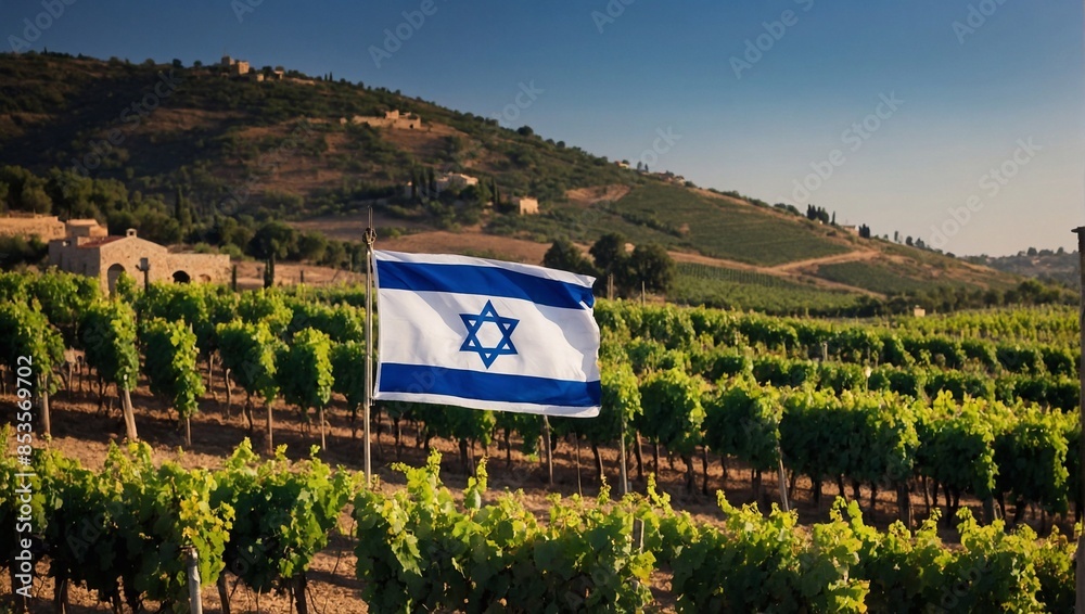 Israeli flag over a vineyard. Israeli wines, desert agriculture, unique ...