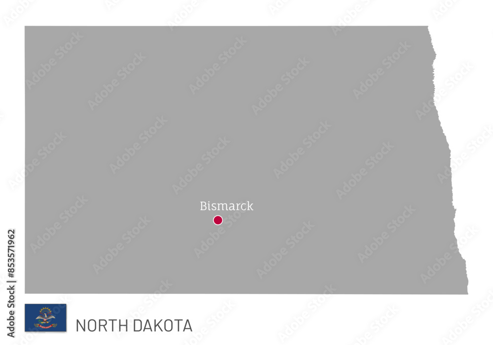 Map of North Dakota USA federal state with waving flag. Highly detailed ...