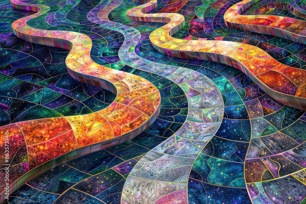 This image showcases a vibrant, cosmic-themed mosaic with a flowing ...