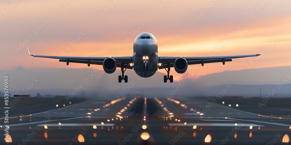 Sunset takeoff Passenger plane lifting off from runway in front view ...