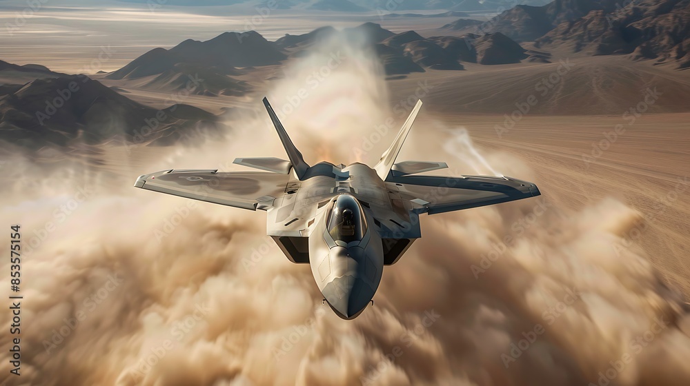 hollywood style A next-gen fighter plane zooming over a desert ...