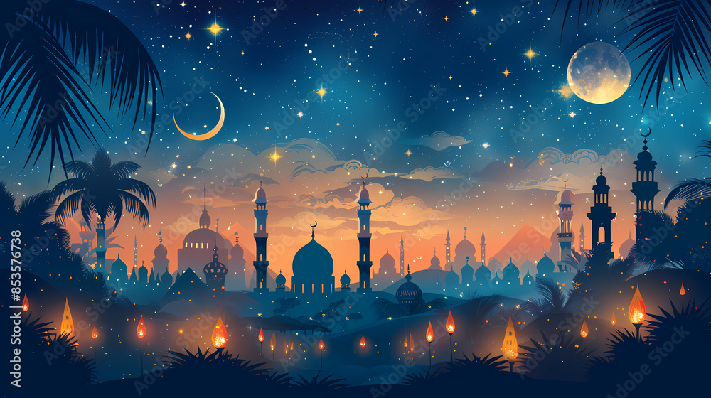 Magical Arabian night skyline with domes and minarets under a starry ...