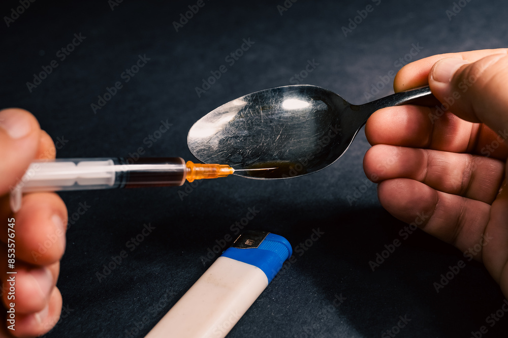 Drug addiction concept. The syringe is filled with heroin prepared in a ...