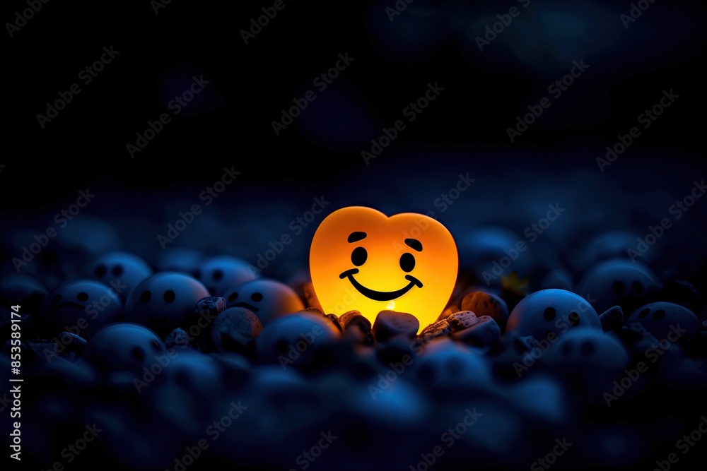 Emoticon. Standing out from the crowd. 3D rendering of a glowing smiley ...