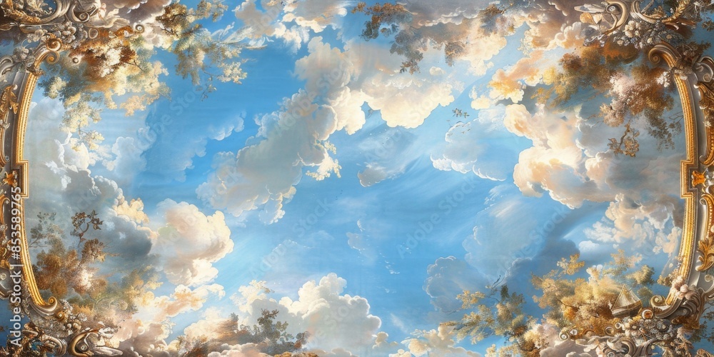 Baroque Style Ceiling Mural Featuring Blue Sky and Heavenly Scene ...
