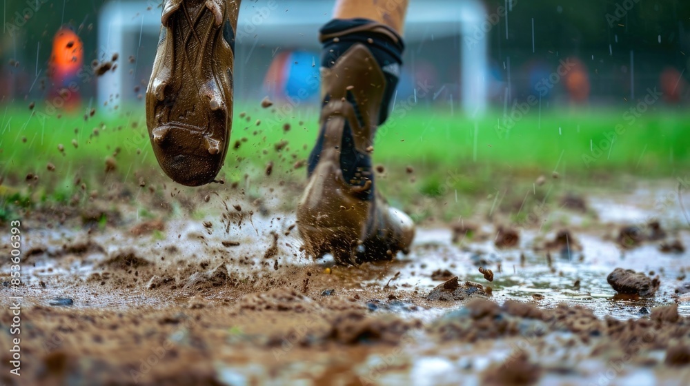 Close-up picture of soccer cleats running through muddy ground on a ...