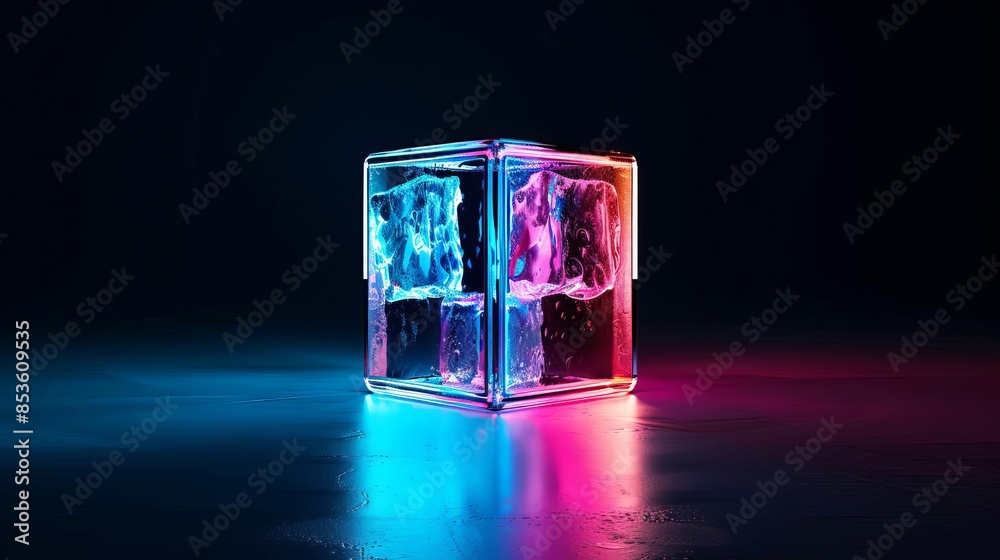 a cube, with colorful ice cubes, black background in the style of rtx ...