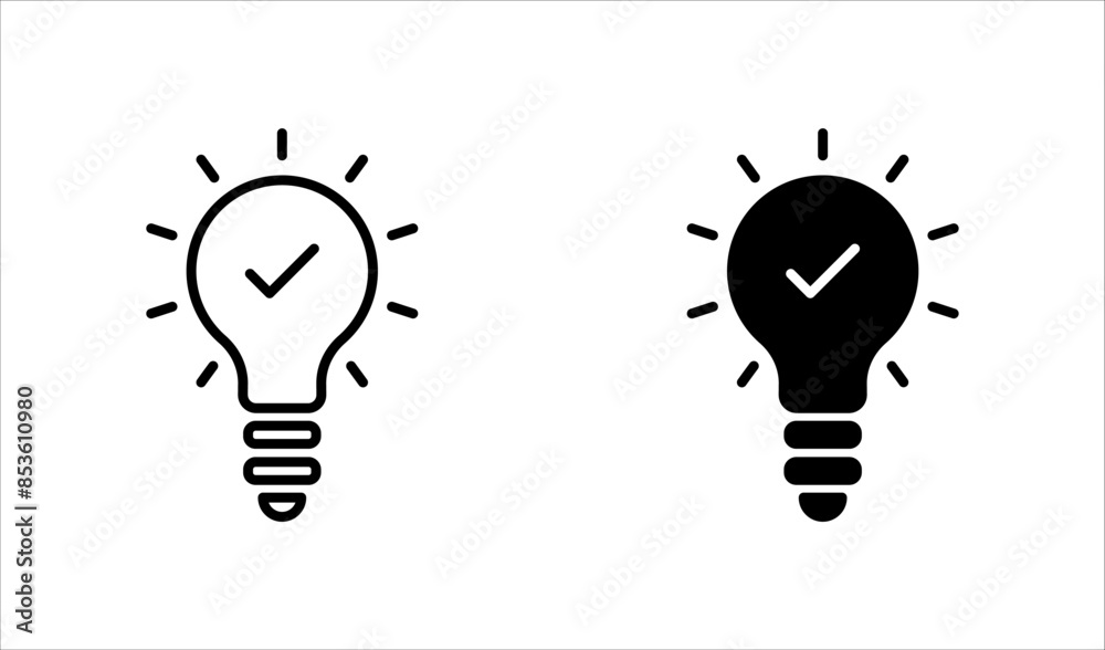 black bulb with checkmark like quick tip icon set. flat stroke linear ...