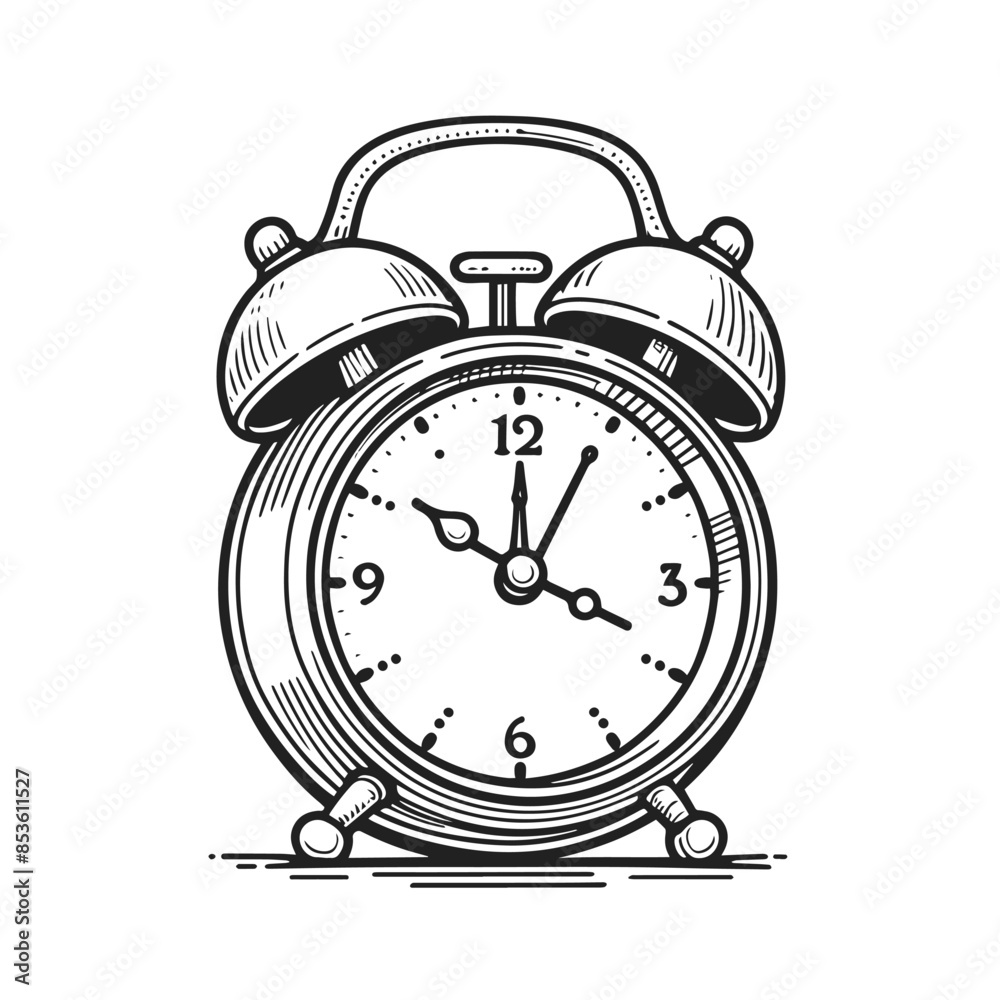 A black and white drawing of an alarm clock with the hands on the ...