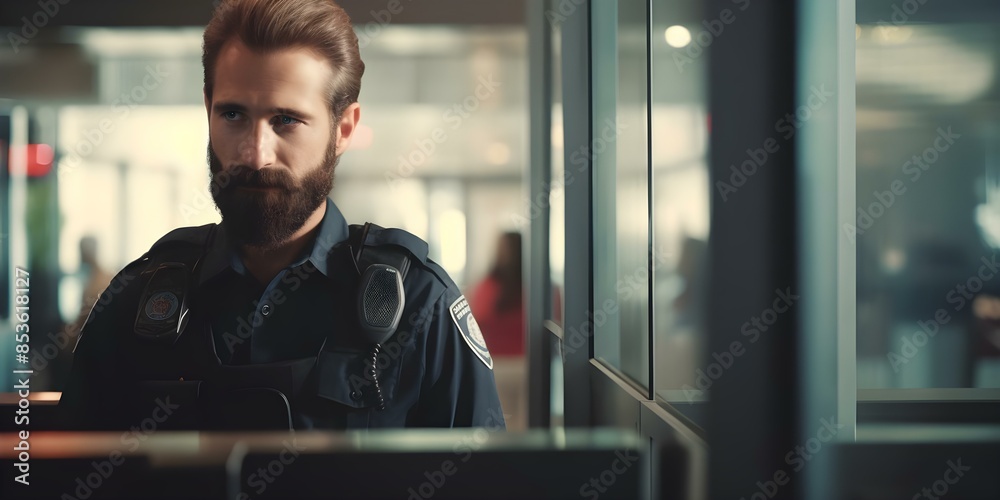 Security guard using metal detector to screen male passenger at airport ...