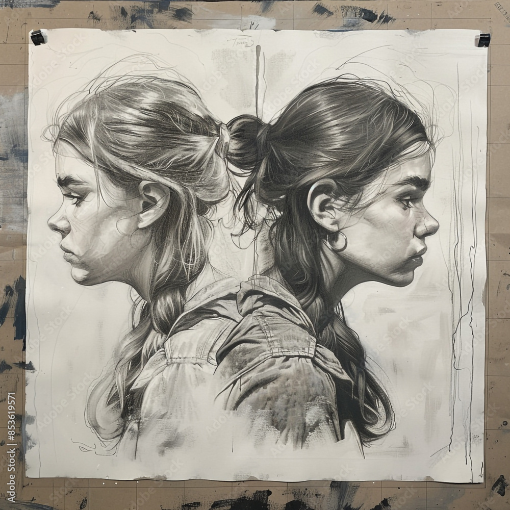 A serene drawing of two women with solemn expressions, one with her ...