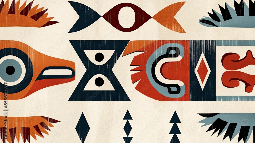 Ethnic Inuit tribal pattern with stylized birds, fish, and geometric ...