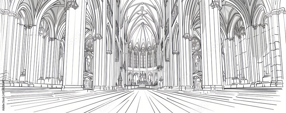 A line art drawing of an ancient cathedral with soaring spires and ...