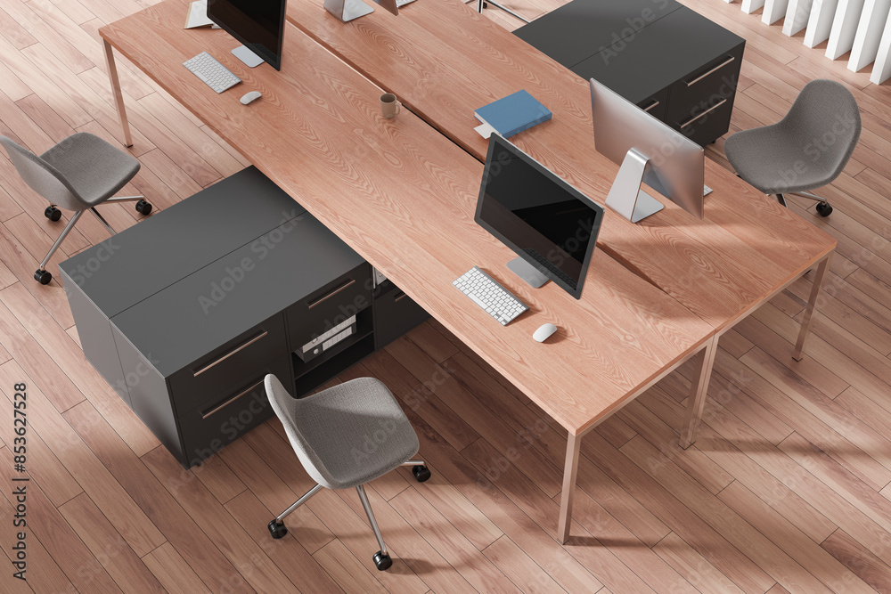 Top view of office workspace interior with pc computers on desk with ...