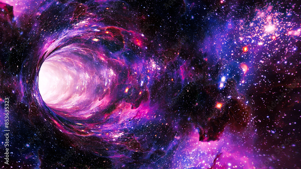 Gigantic wormhole surrounded by glittering stars and gas clouds, purple ...